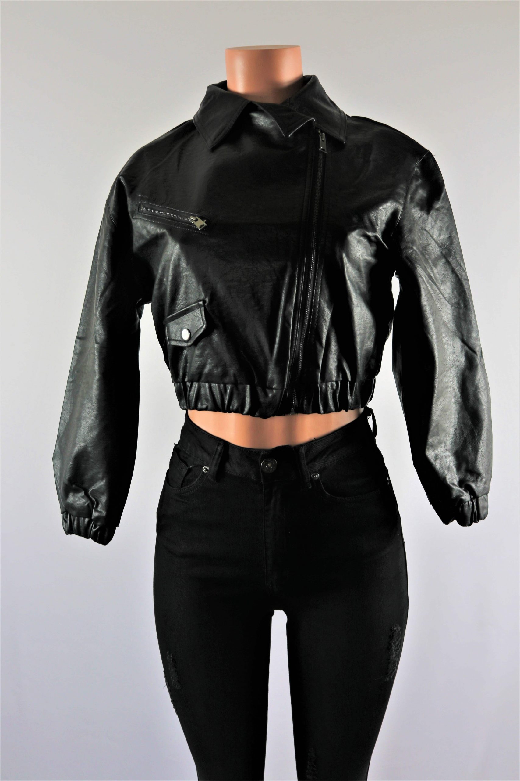 Baddie Jacket - Black faux leather diagonal zipper biker crop jacket.