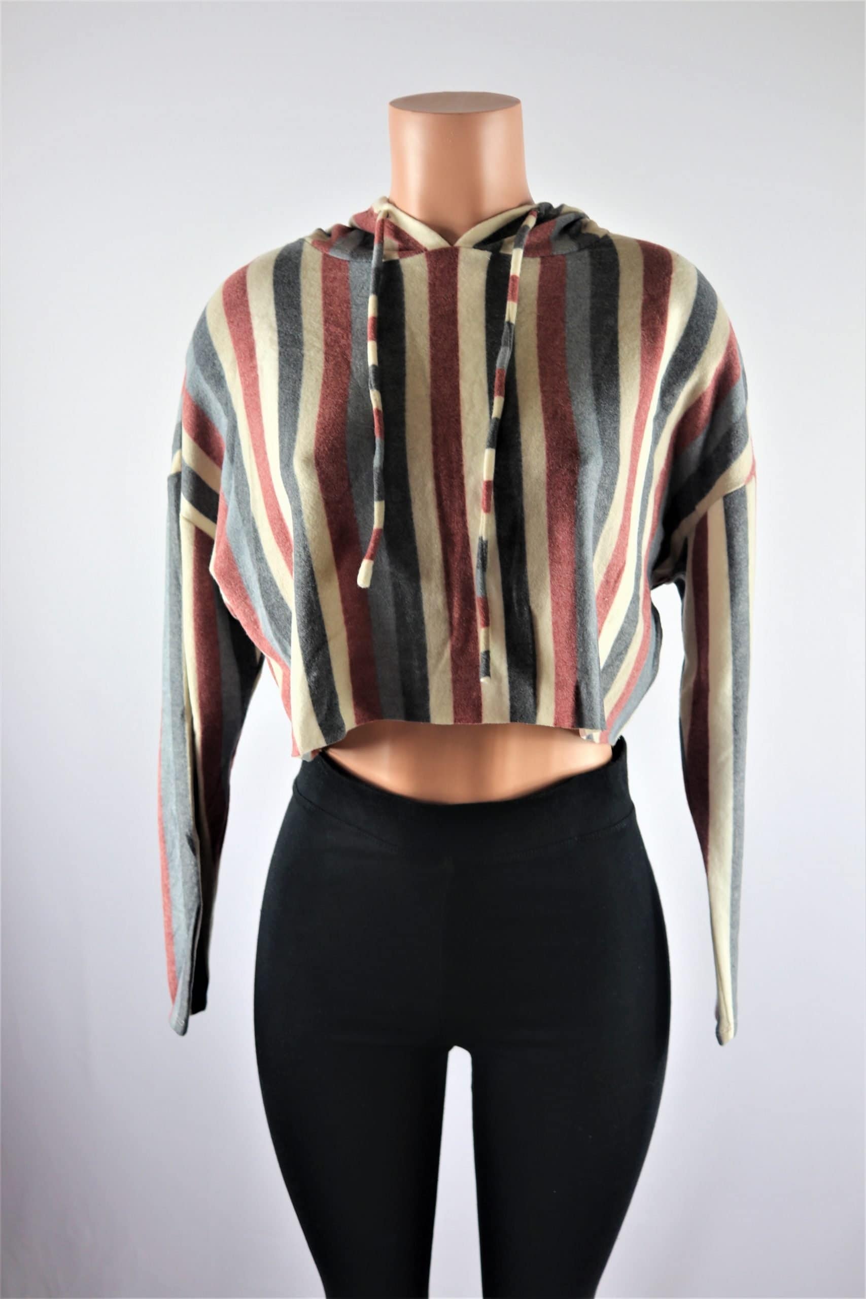 Stripe Hooded Crop Top - Soft multi color long sleeve crop top hoodie.