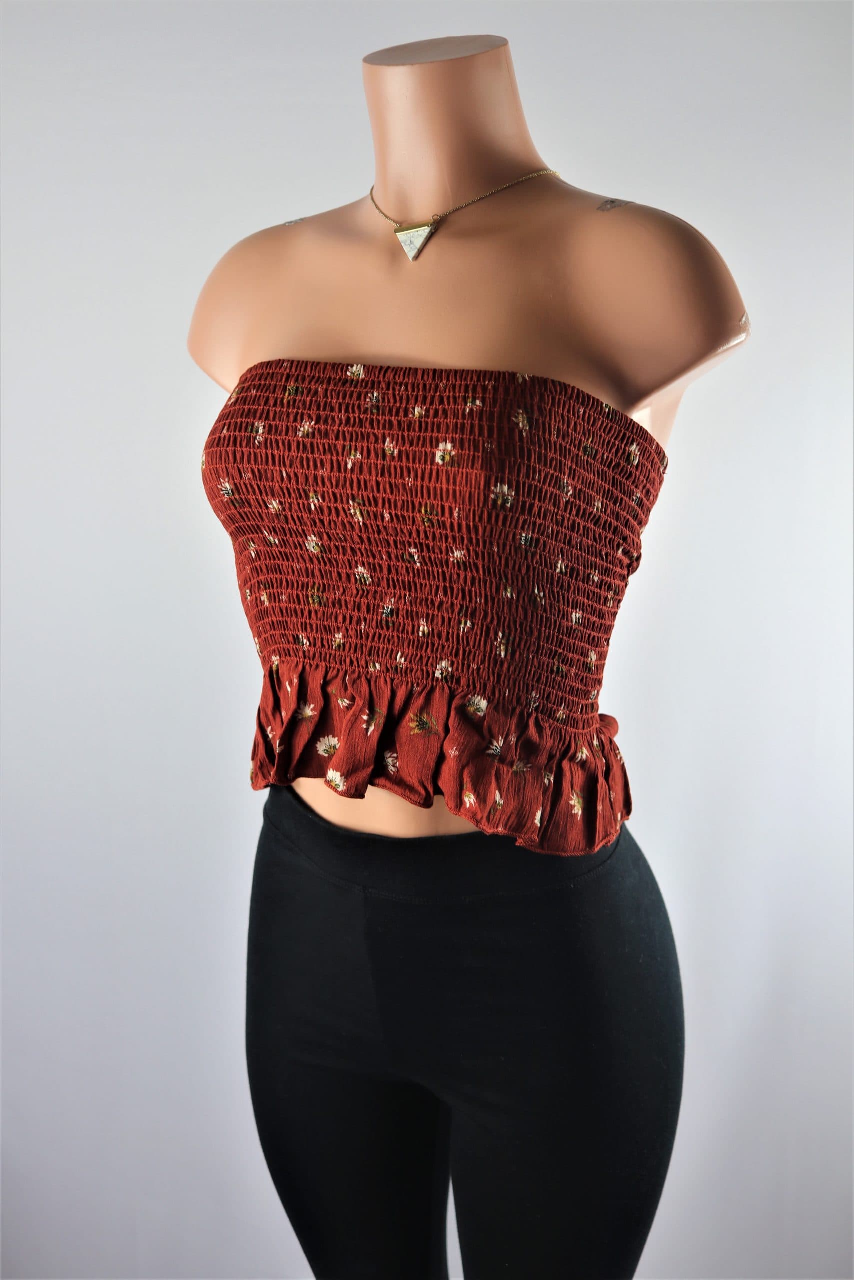 Smocked Tube Top - Black Rust floral ruffled smocked tube top crop top.