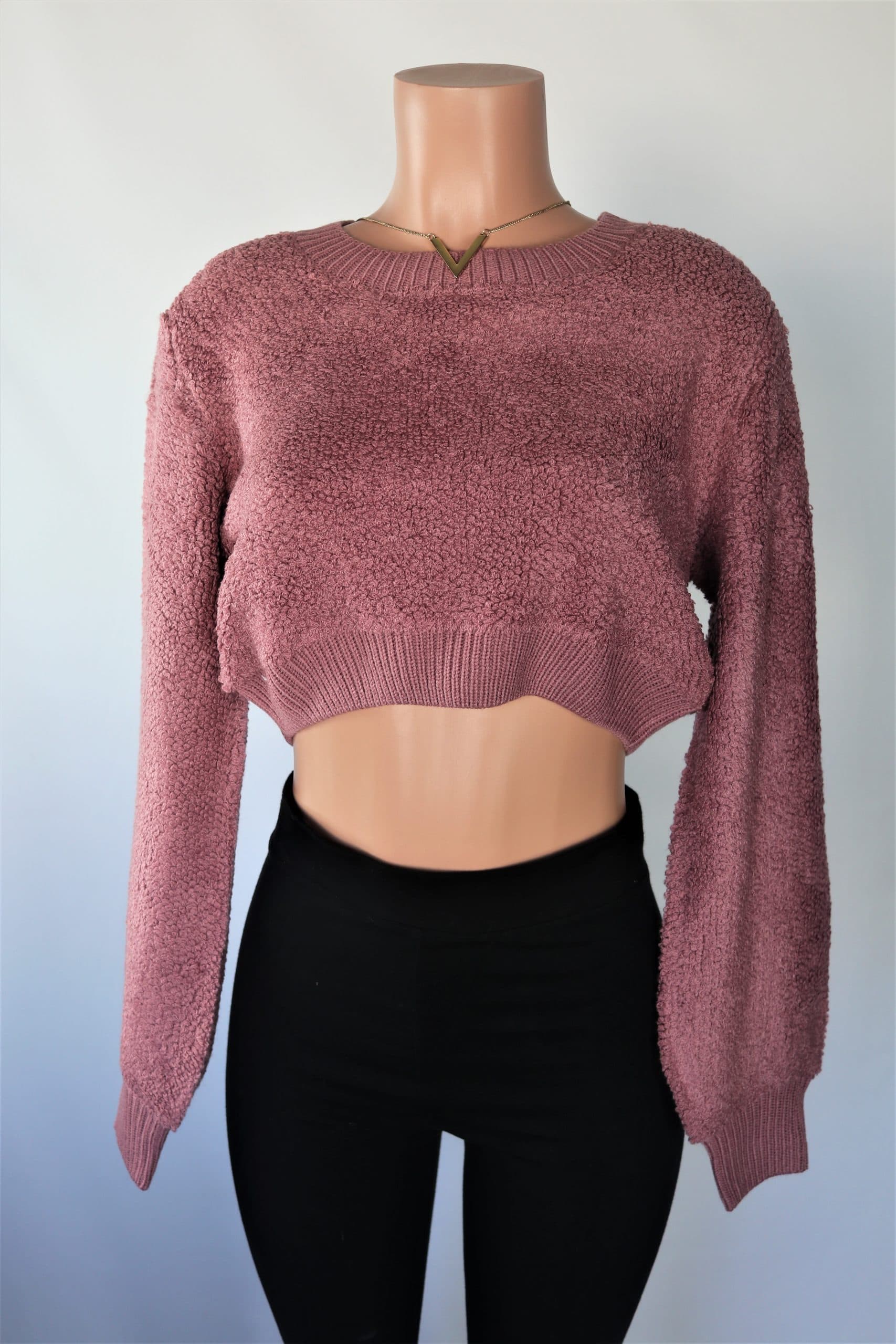 Berlin Crop Sweater - Gray Mauve ribbed long sleeve crop top sweater.
