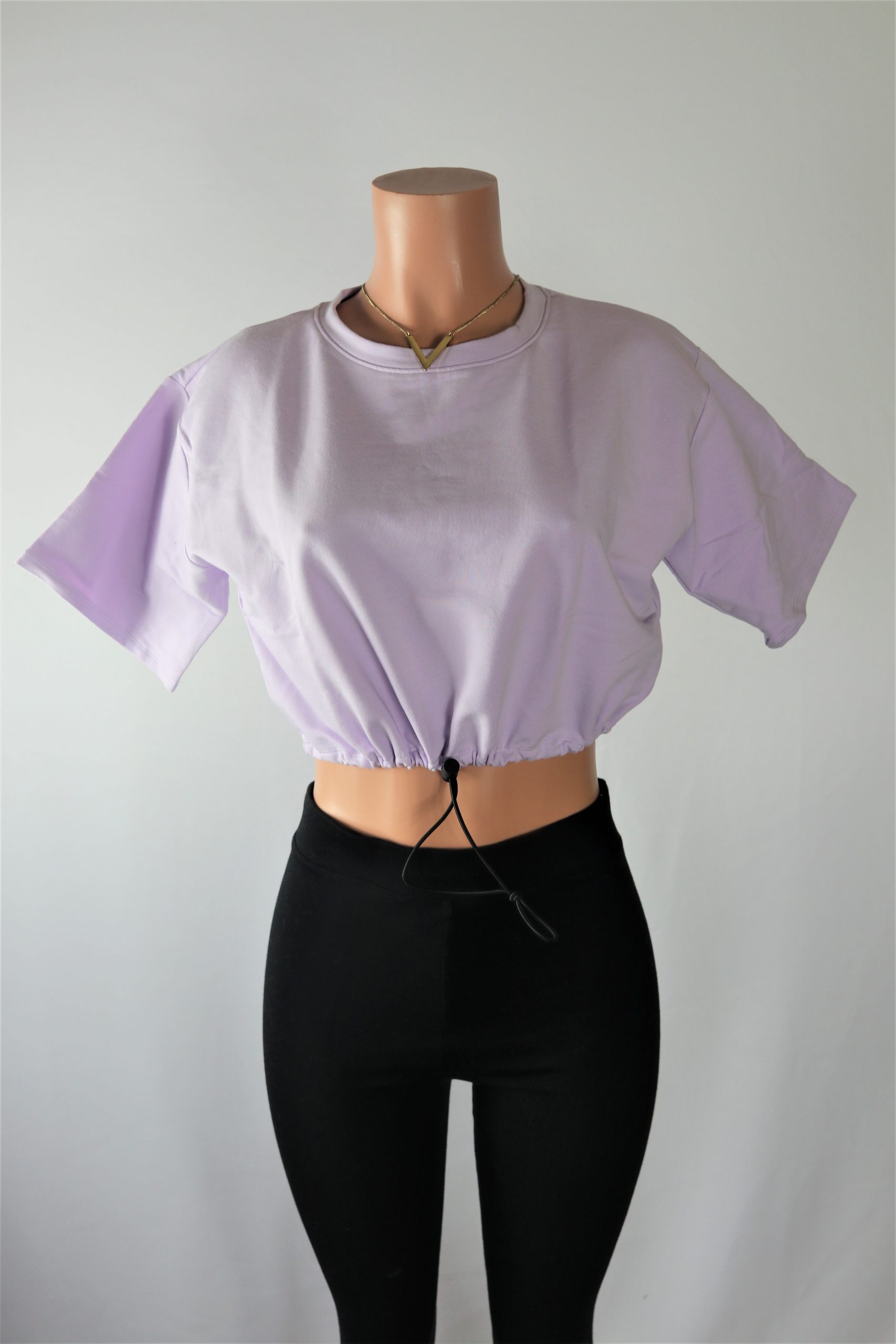 Lavender Drawstring Crop Top - Lavender short sleeve drawstring crop top.