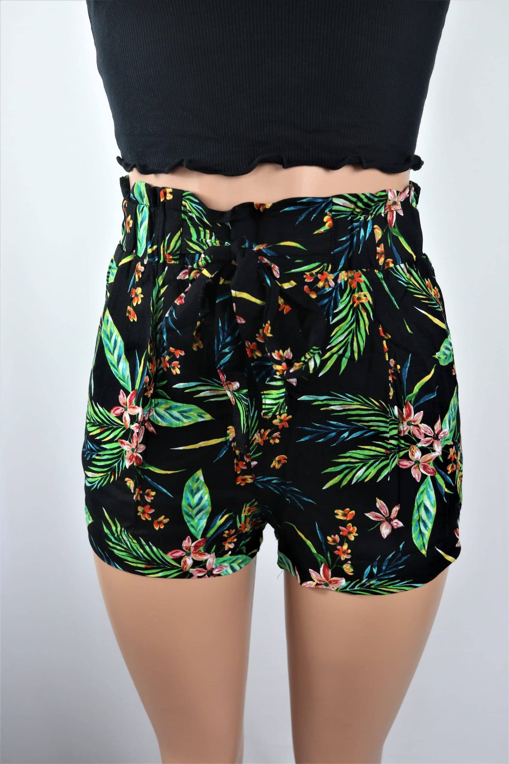 Island Breeze Shorts - Black floral tropical print paper bag shorts.