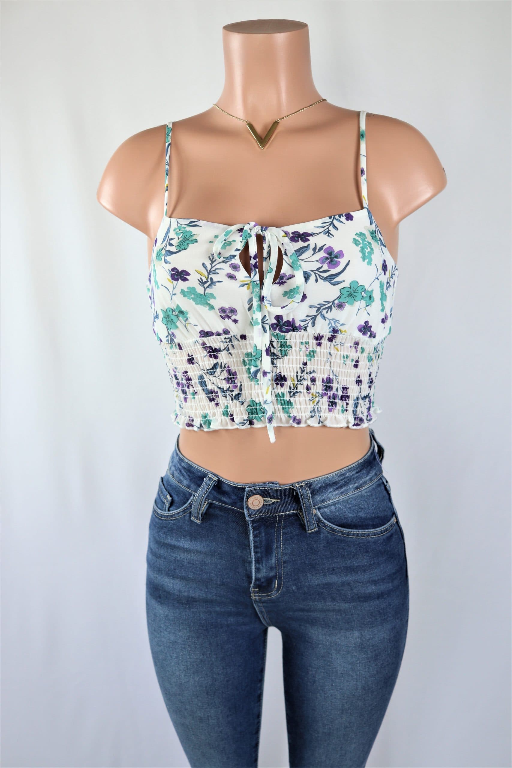 Dainty Floral Top - Smocked ivory and Lavender floral tied front crop top.