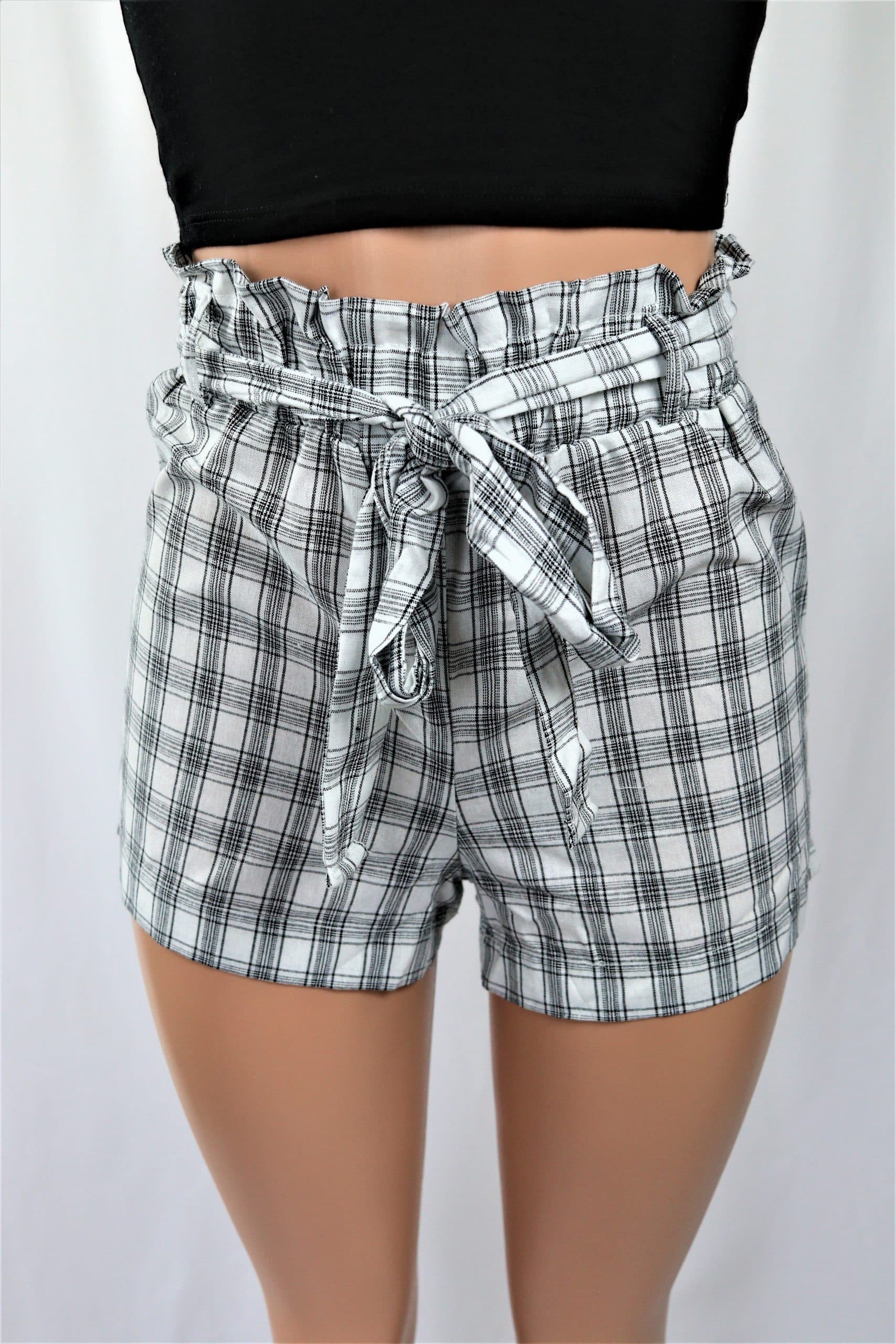 Casey Plaid Shorts - Lightweight plaid paperbag shorts in black lavender.