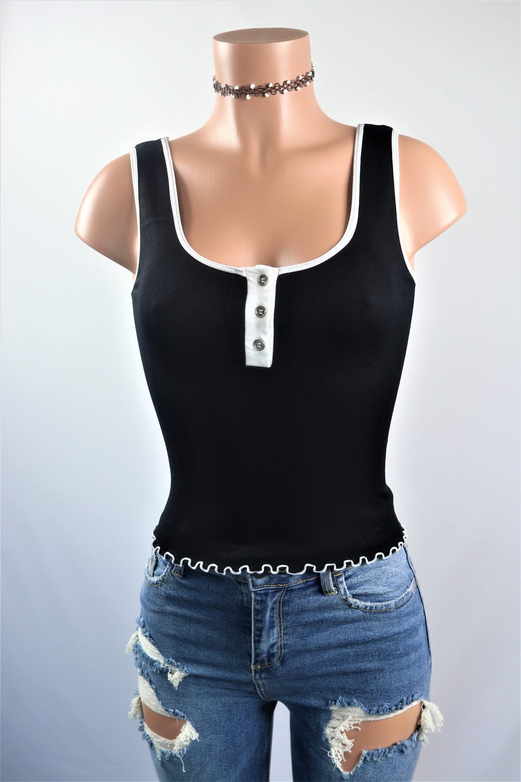 Contrast Button Up Top - Button lettuce edge crop top black white Mustard.